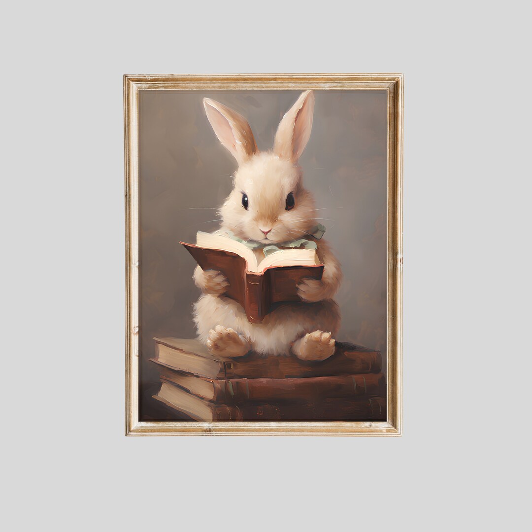 Vintage Spring Cute Easter Bunny Reading A Book Wall Art,easter Prints ...