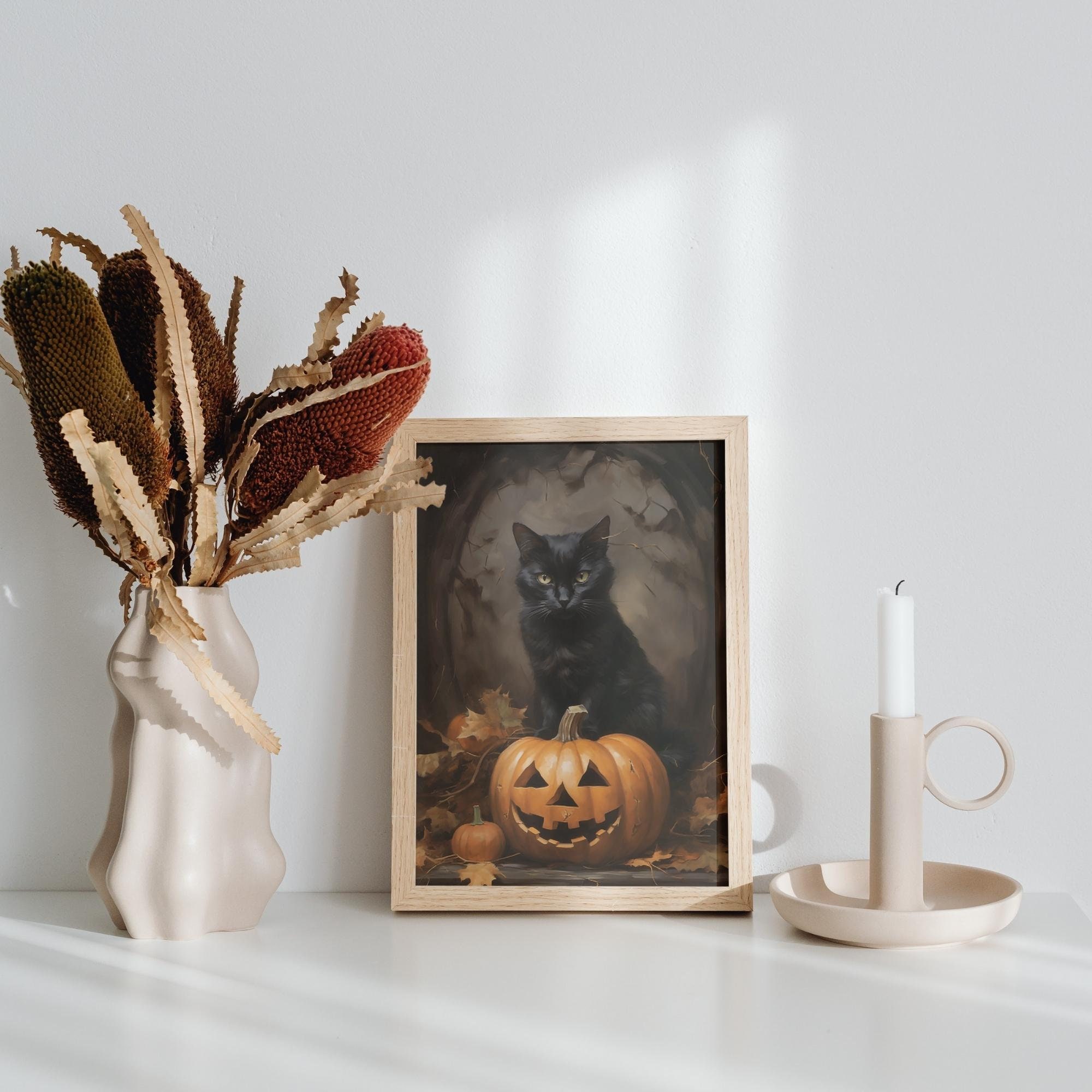 Halloween Witch Cat in Pumpkin Wall Art Printable Vintage Halloween ...