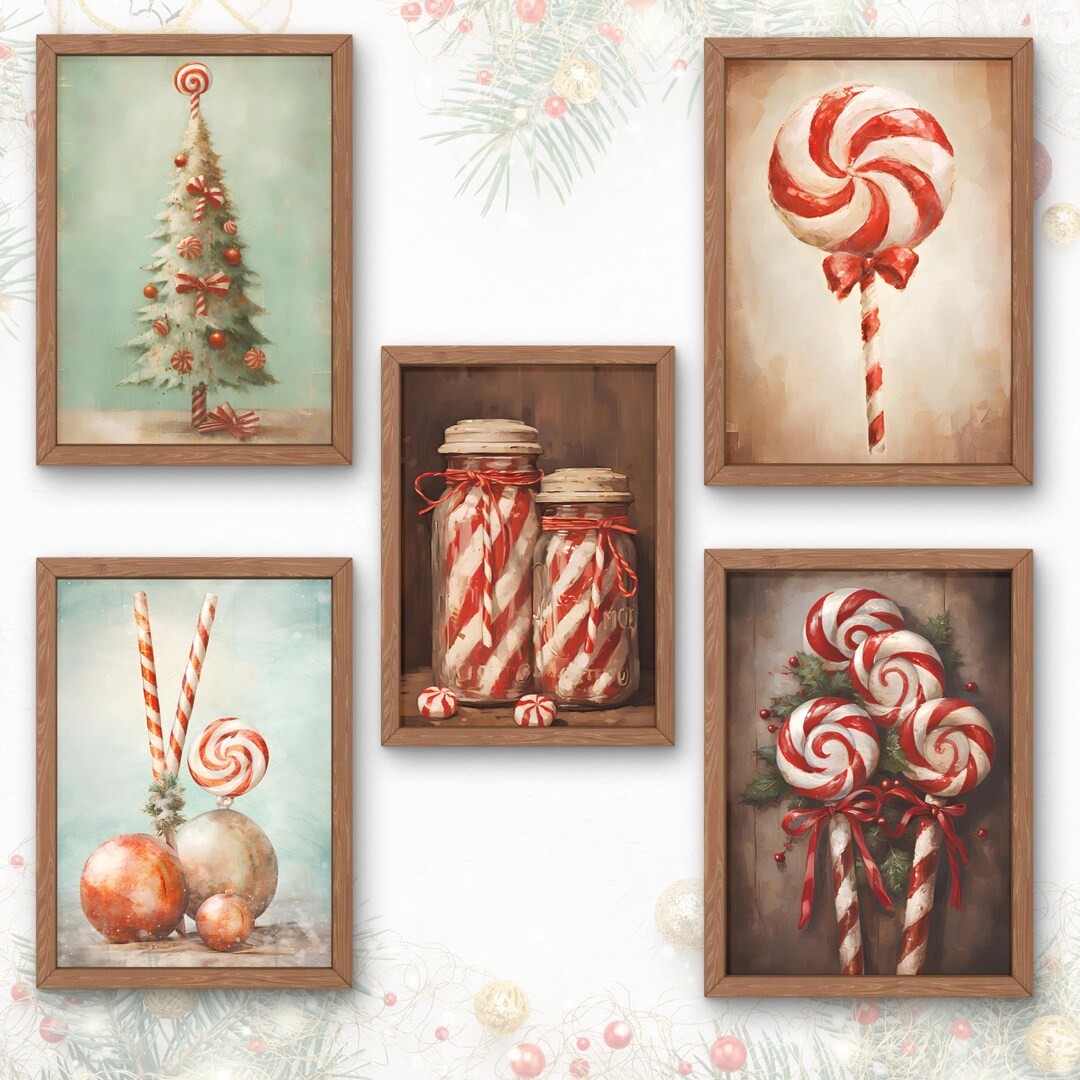 Vintage Christmas Candy Cane Prints Set 5 Rustic Candy Cane Gallery ...