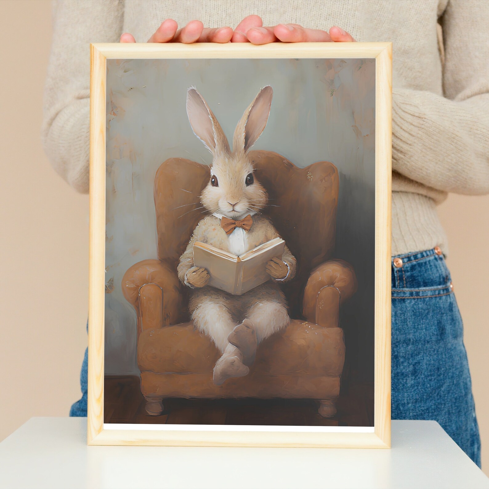 Cute Easter Bunny Reading A Book Wall Decor Easter Print Vintage Spring ...