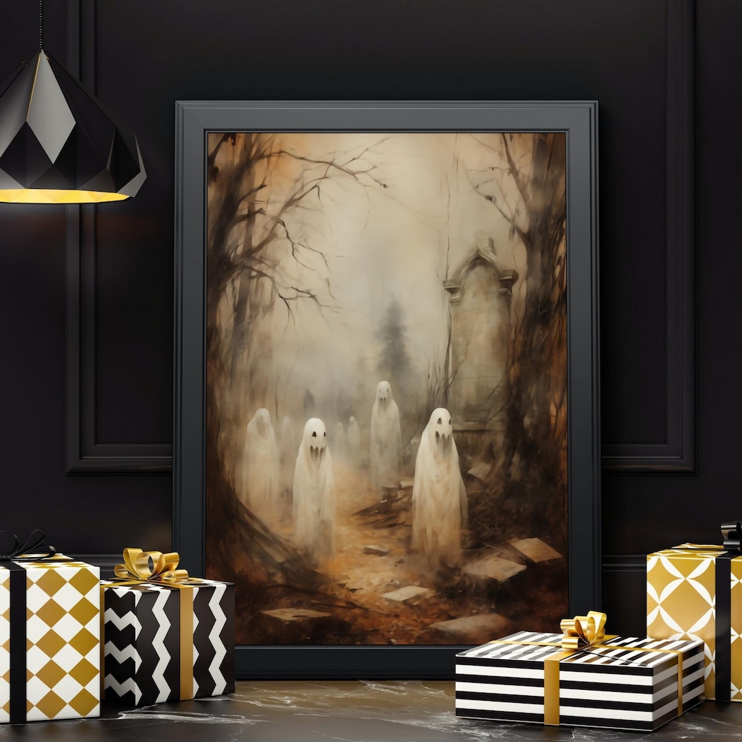Halloween Vintage Ghosts in the Cemetery Wall Art Printable Spooky ...