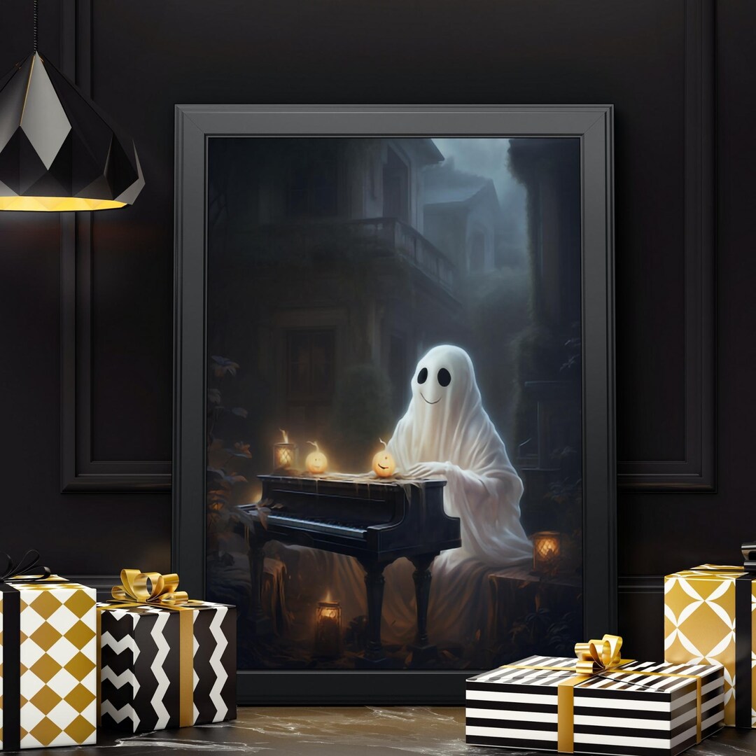 Vintage Halloween Wall Art Printable Decor Cute Ghost Playing the Piano ...