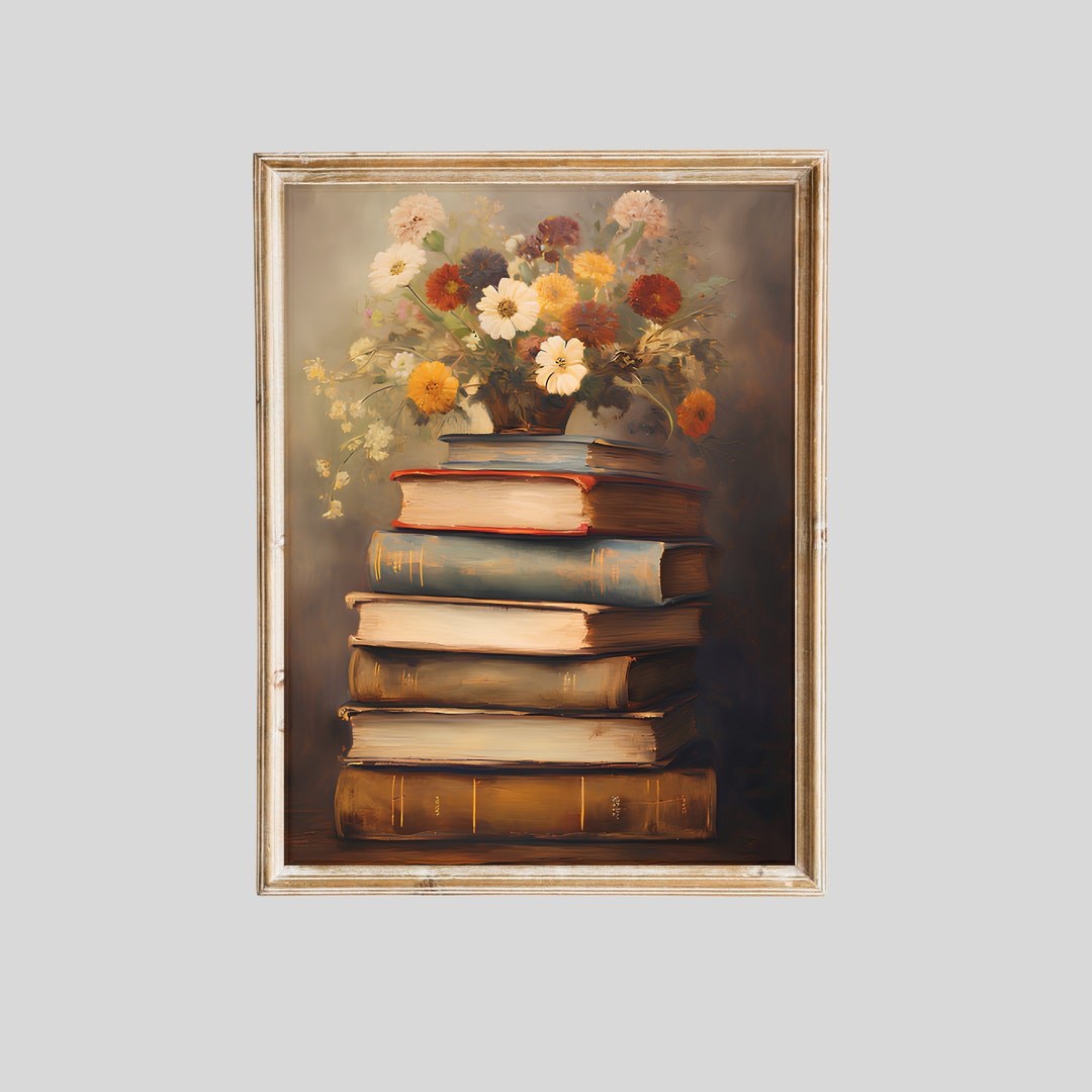 Vintage Book Stack Art Wall Decor,farmhouse Spring Print Spring Decor ...