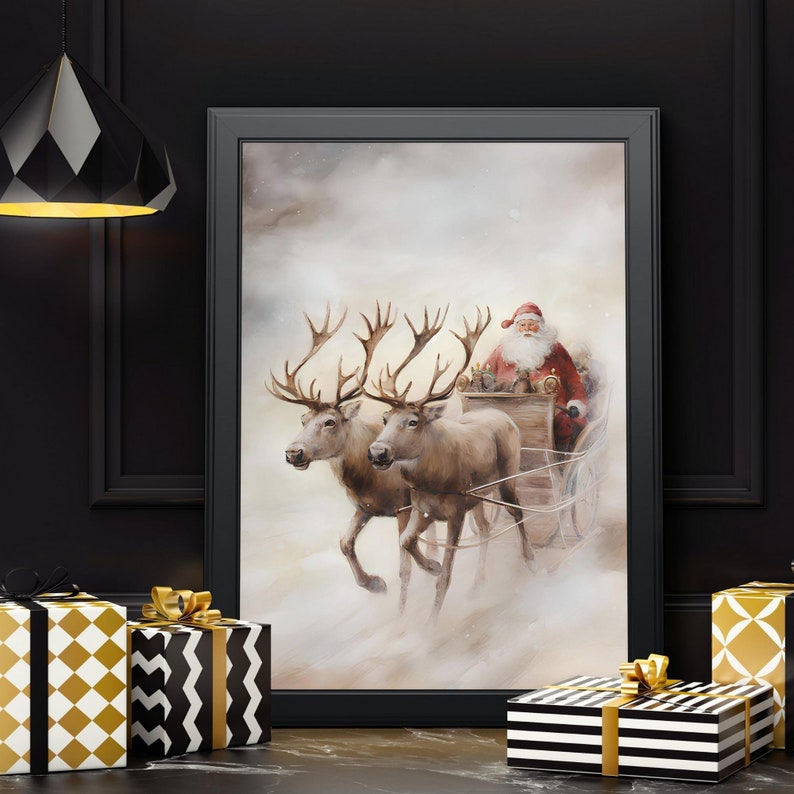Vintage Santa Claus Wall Art, Santa Claus With Sleigh Prints, Rustic Painting Santa Claus Wall ...