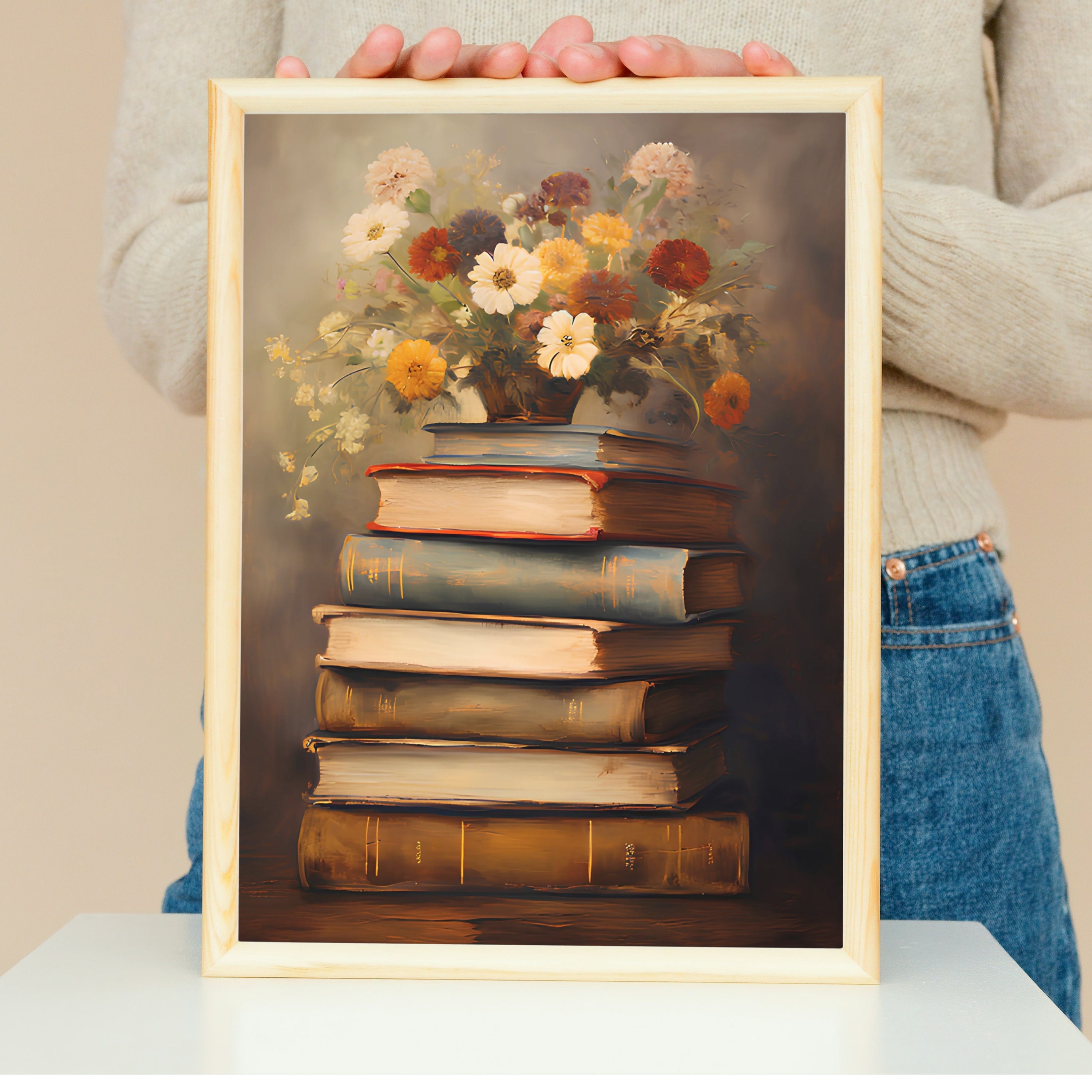 Vintage Book Stack Art Wall Decor,farmhouse Spring Print Spring Decor ...