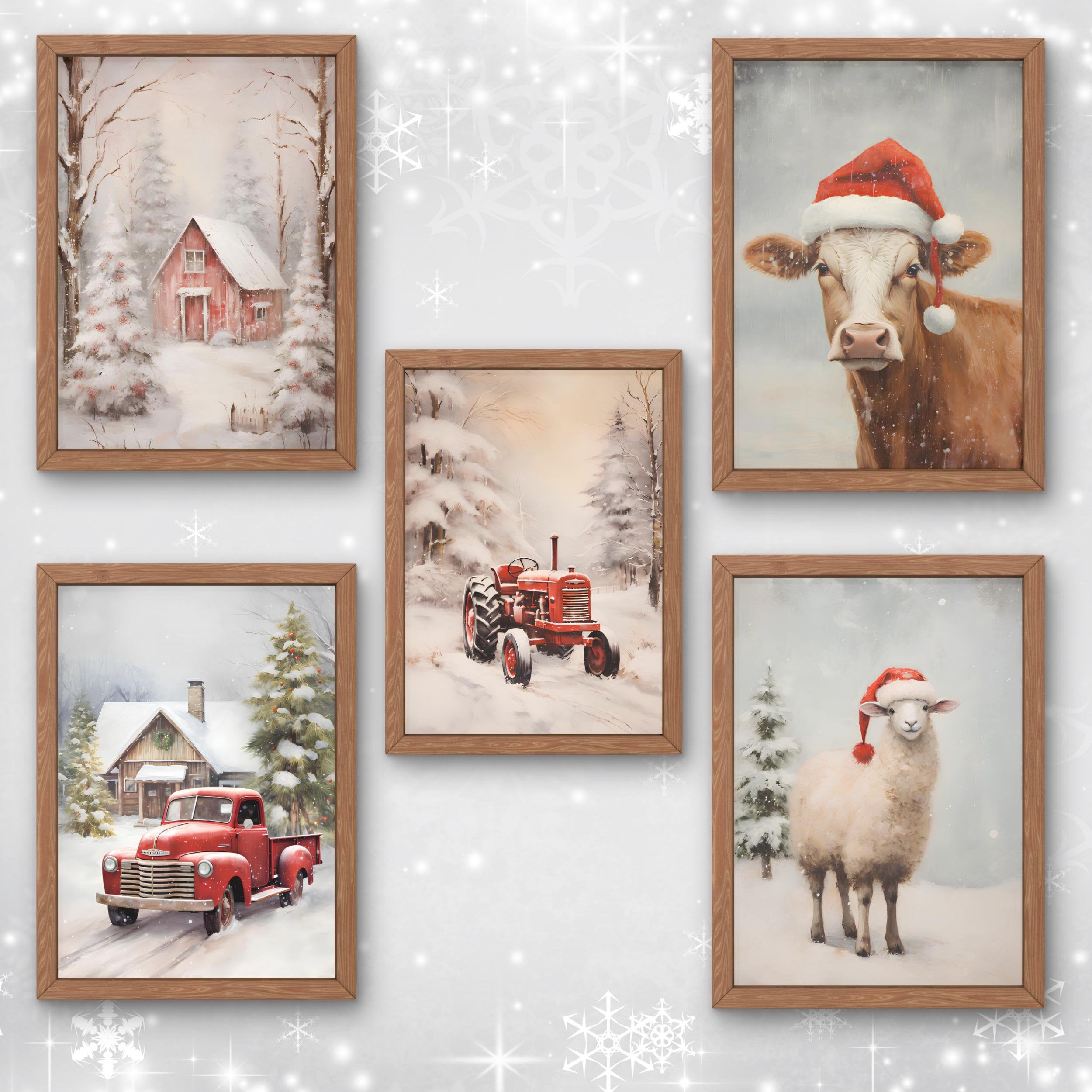Vintage Christmas Farm Prints Set,rustic 5 Christmas Farm Wall Decor ...