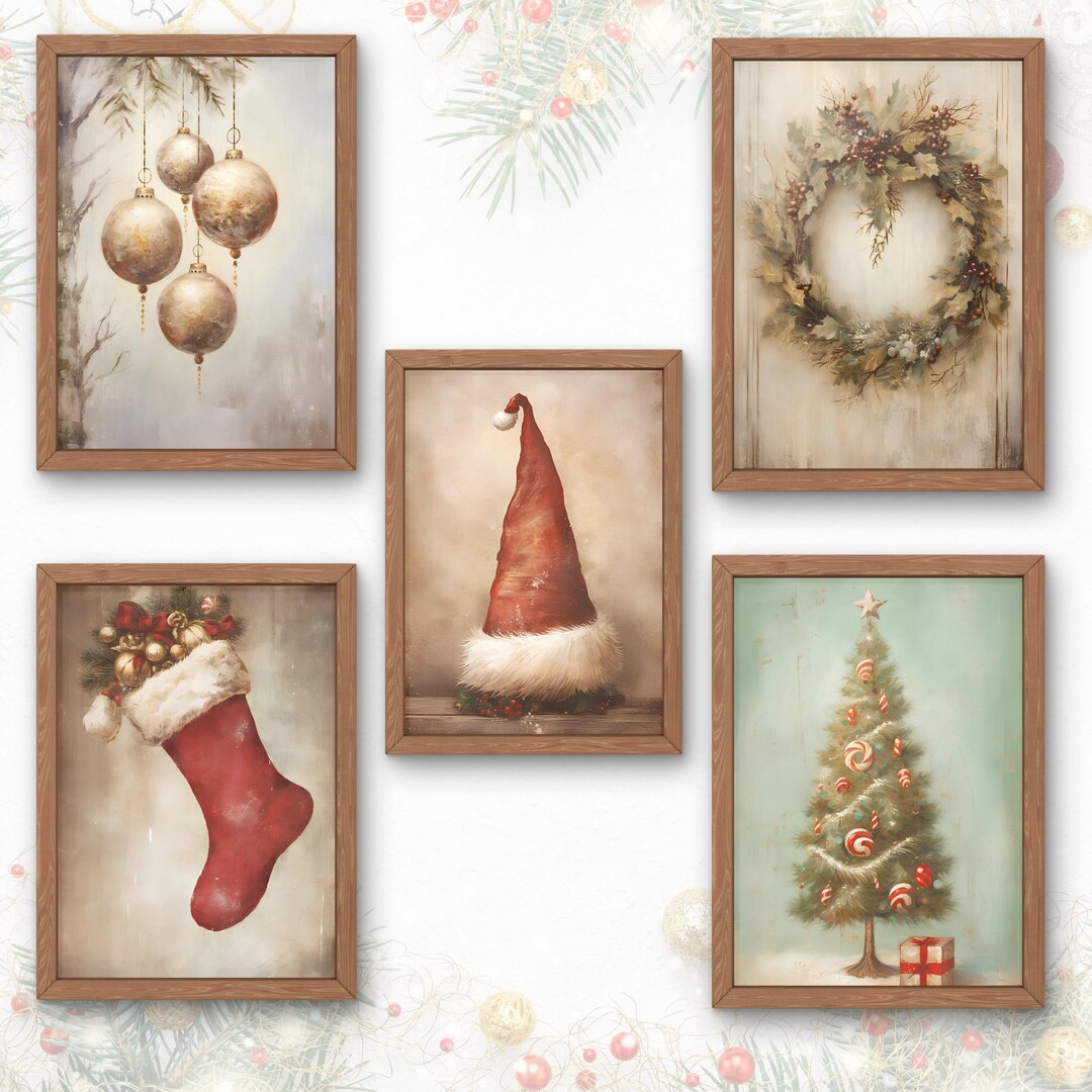 Vintage Christmas Print Set,5 Christmas Rustic Wall Decor Gallery Wall ...