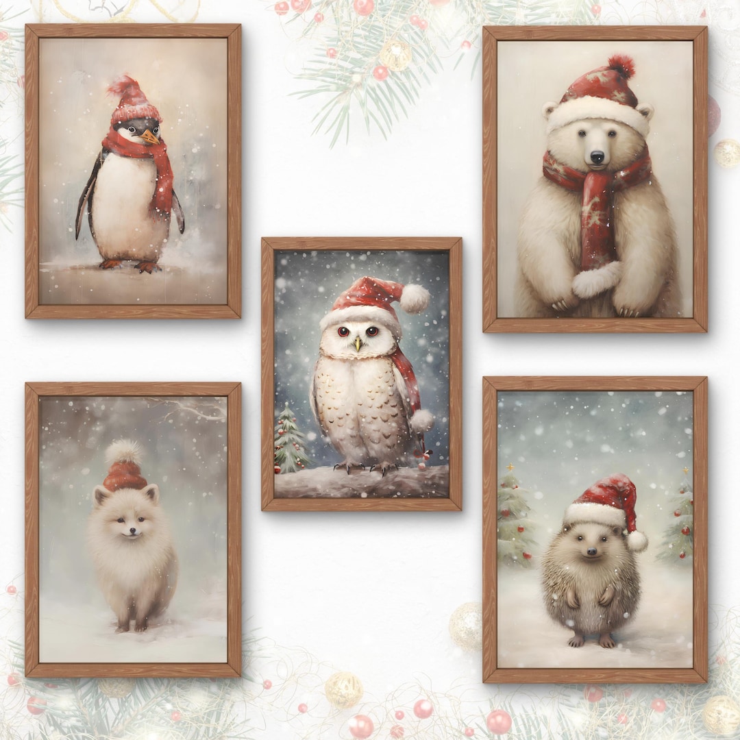 Christmas Cute Animals Prints,winter Animals Wall Art,vintage Christmas ...