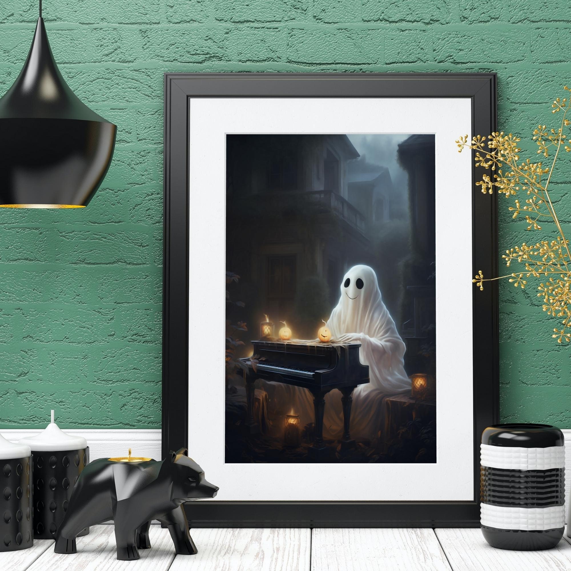 Vintage Halloween Wall Art Printable Decor Cute Ghost Playing the Piano ...
