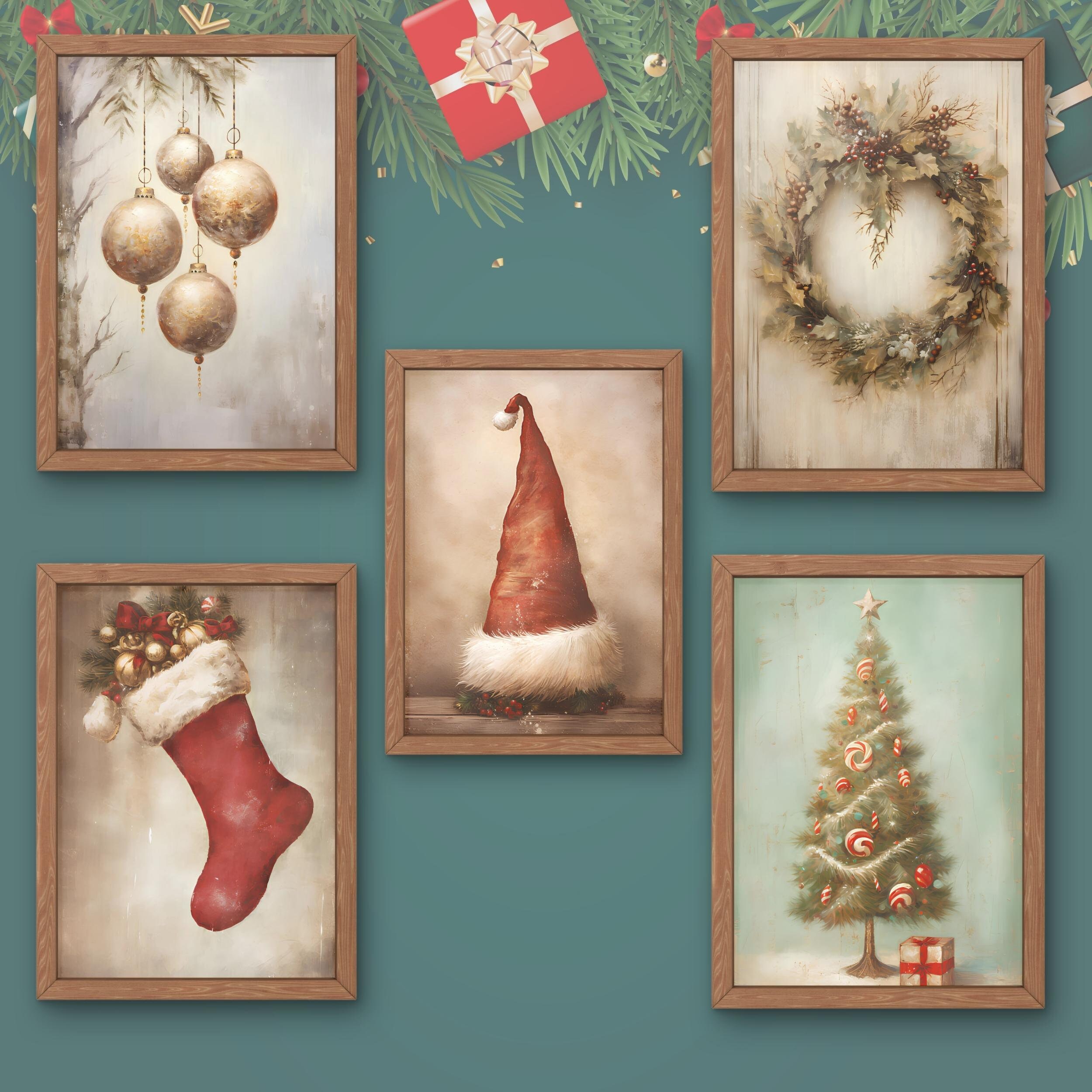 Vintage Christmas Print Set,5 Christmas Rustic Wall Decor Gallery Wall ...