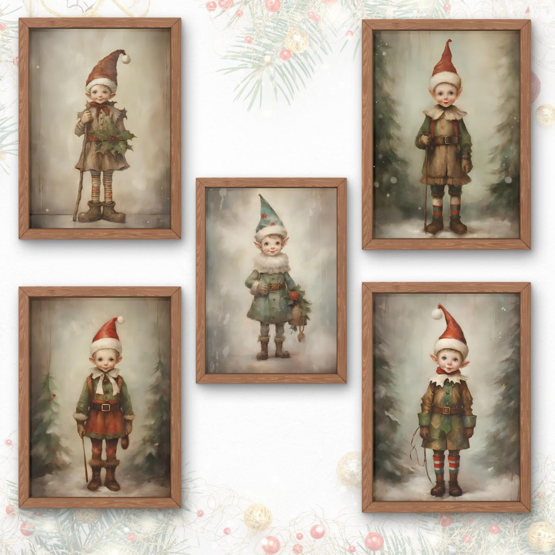 Christmas Elf Print Set, Vintage Christmas 5 Cute Elf Gallery Wall ...