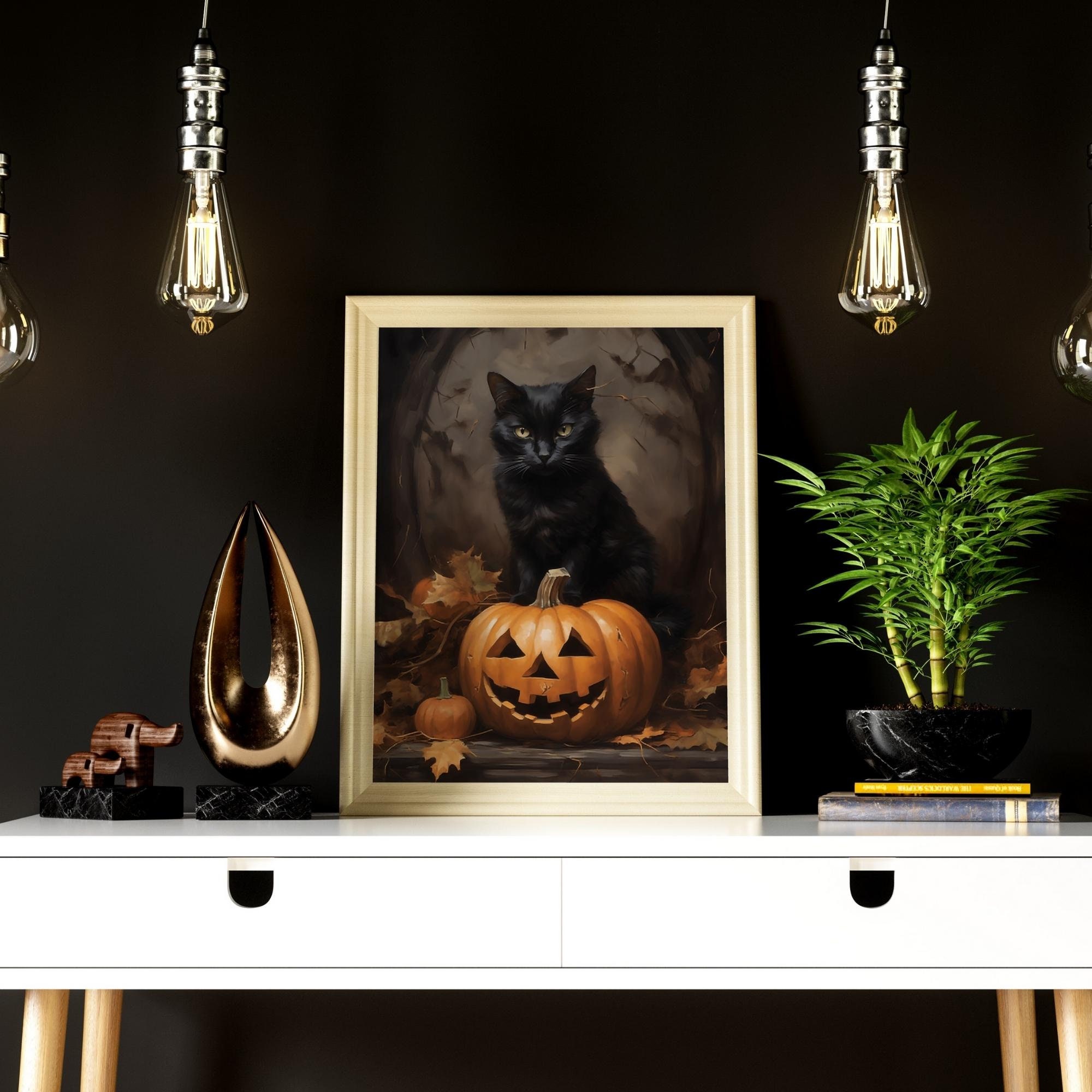 Halloween Witch Cat in Pumpkin Wall Art Printable Vintage Halloween ...