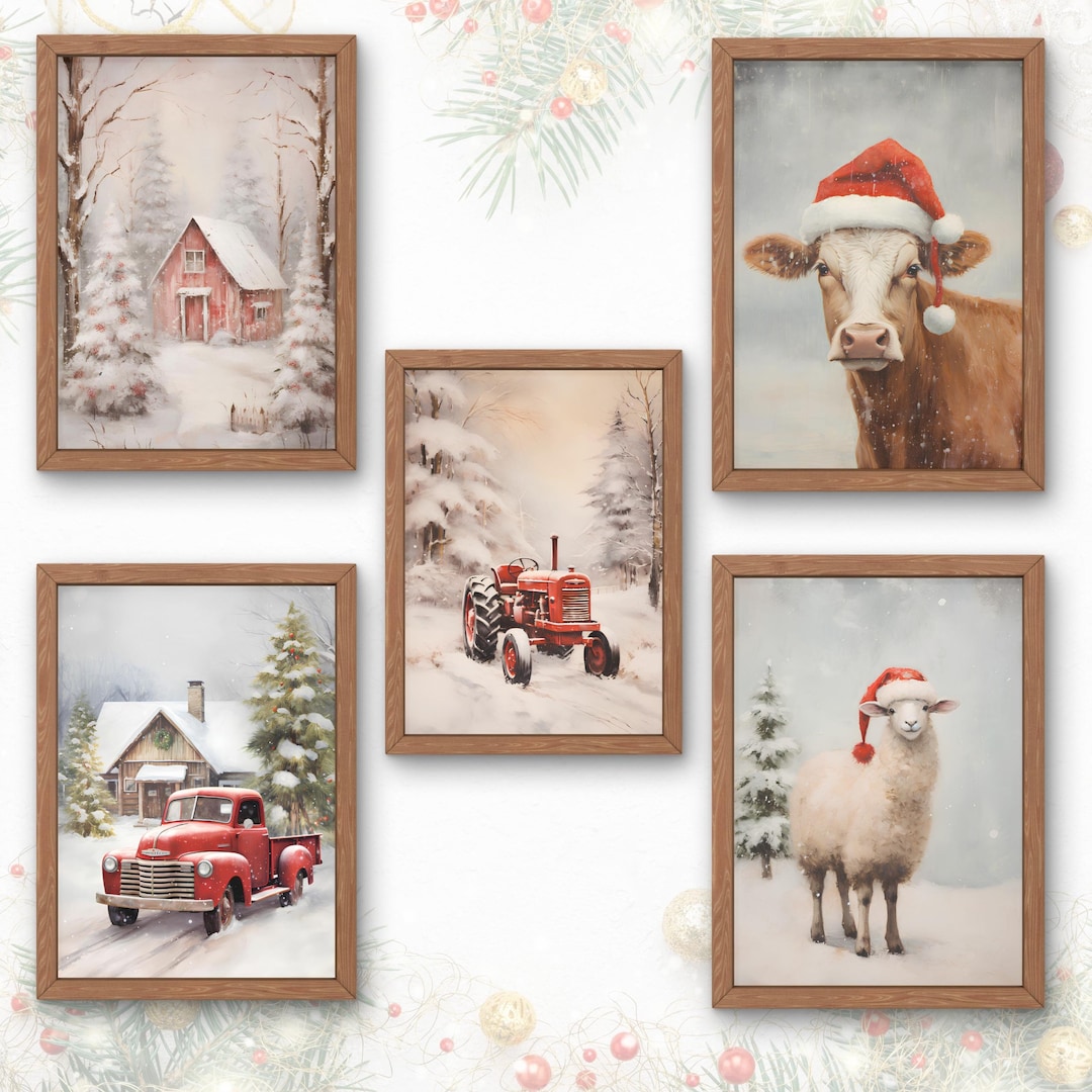 Vintage Christmas Farm Prints Set,rustic 5 Christmas Farm Wall Decor ...