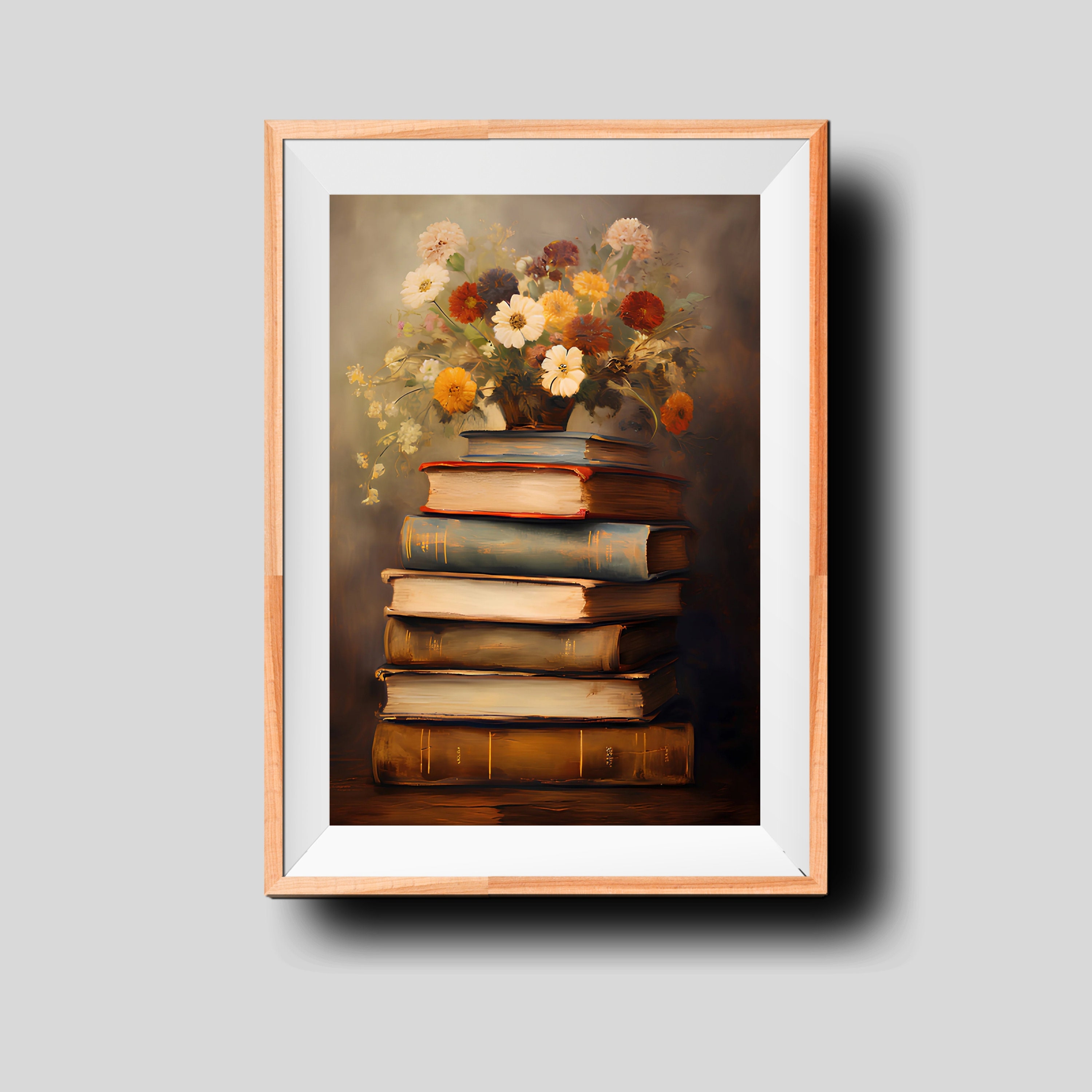 Vintage Book Stack Art Wall Decor,farmhouse Spring Print Spring Decor,wildflower Printable Art ...