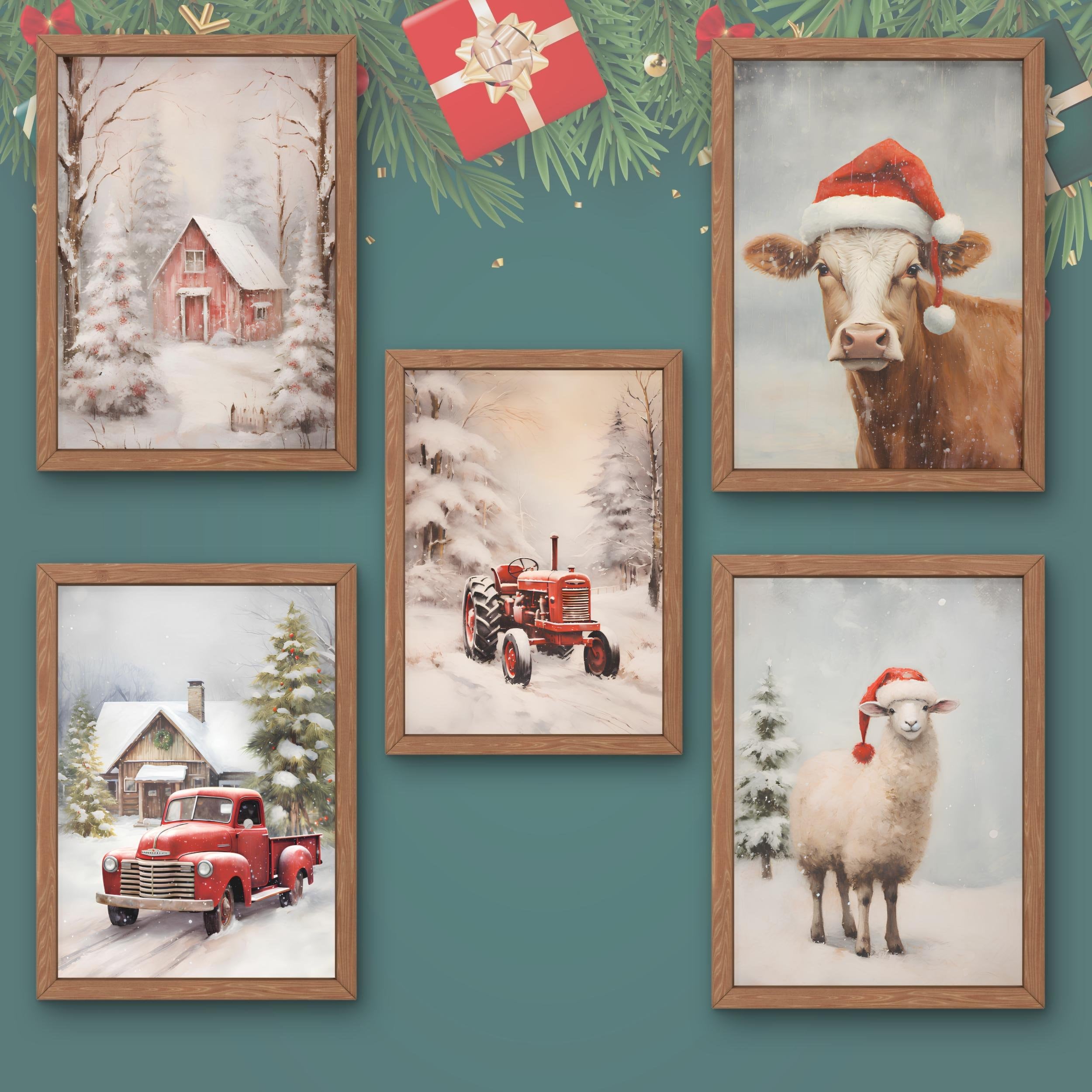 Vintage Christmas Farm Prints Set,rustic 5 Christmas Farm Wall Decor ...