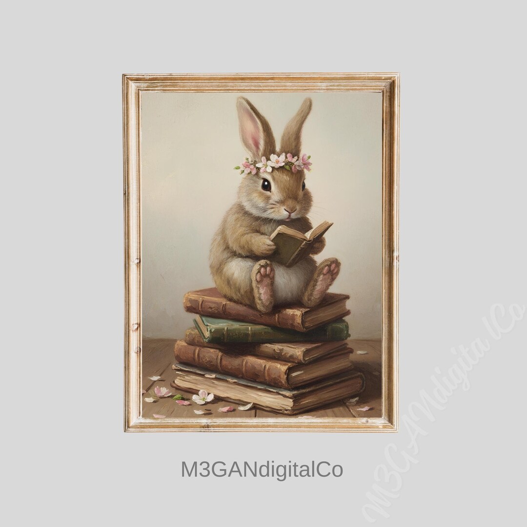 Vintage Easter Bunny Reading A Book Art Print, Spring Wall Decor, Cute ...
