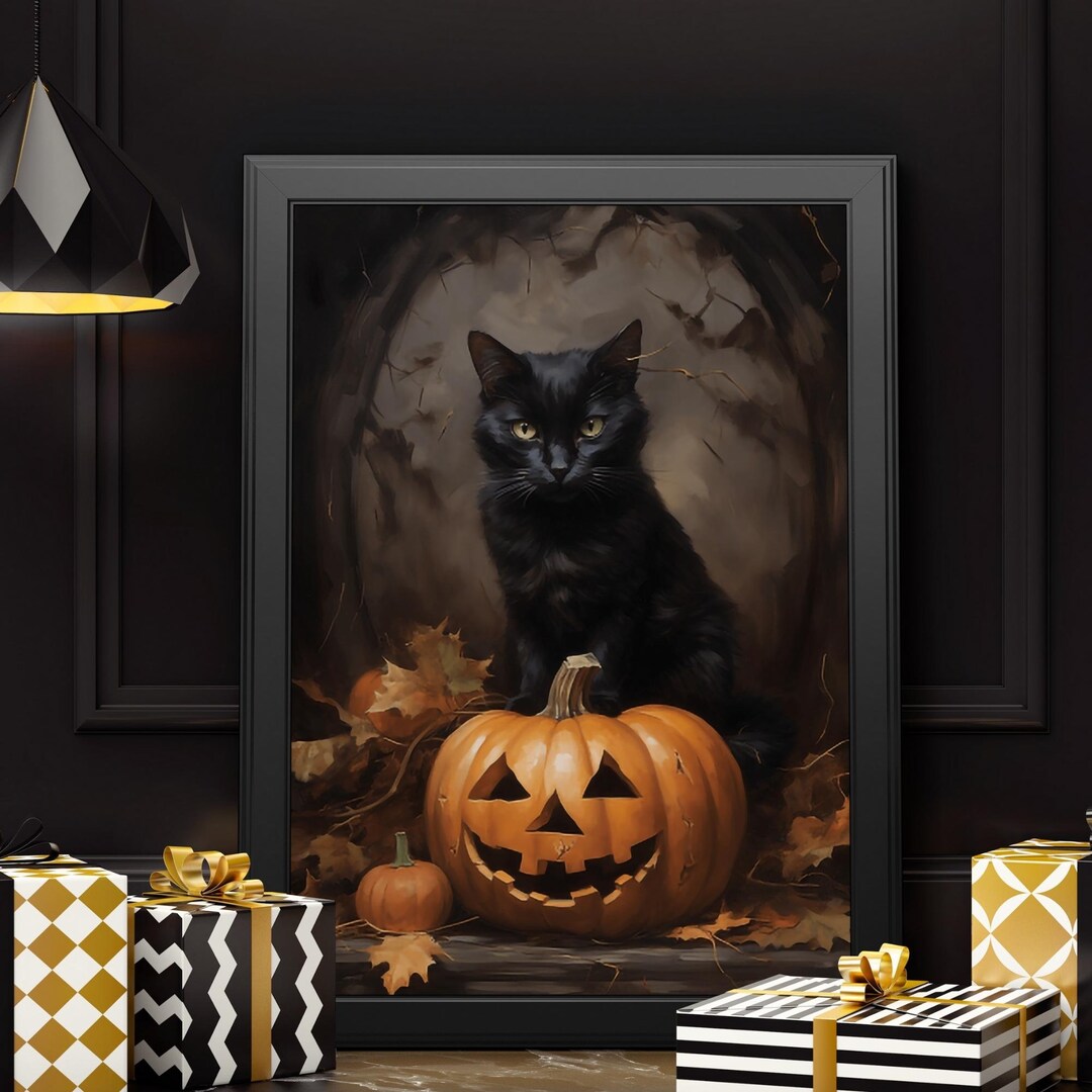 Halloween Witch Cat in Pumpkin Wall Art Printable Vintage Halloween ...