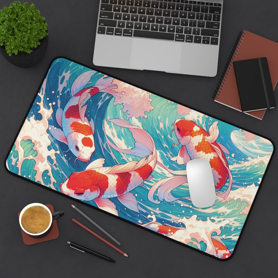 Crashing Waves Desk Mat Koi Fish Mousepad Anime Gaming Mousepad Gamer ...