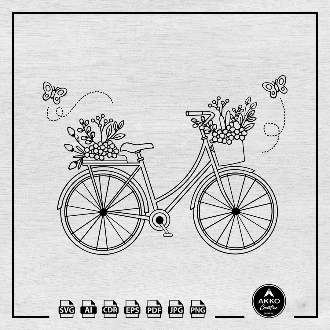 Floral Bike Svg, Outline Bicycle Svg, Cycle Svg, Hand Drawn Bicycle Svg ...
