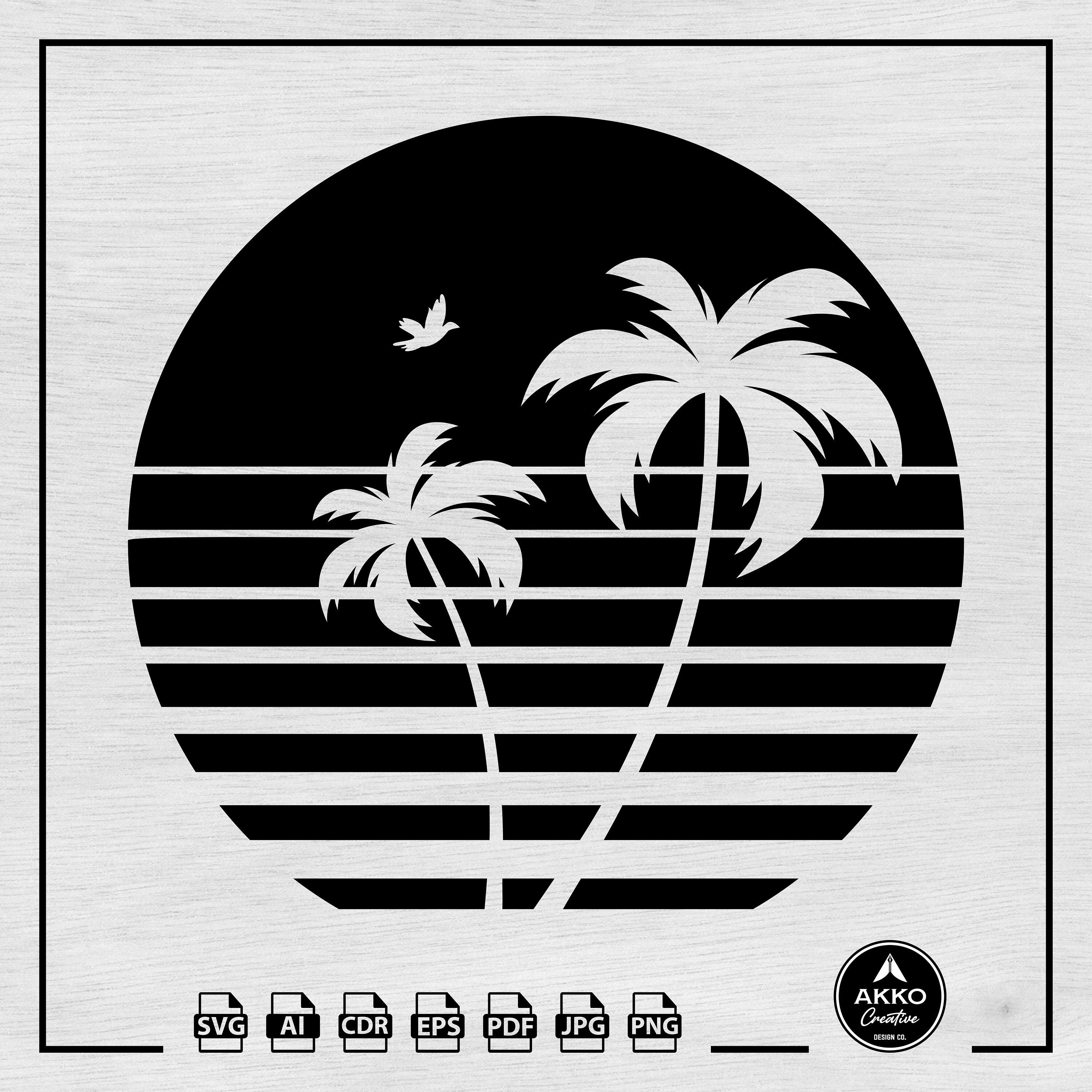 Sunset With Palm Tree Svg, Retro Sunset Background Svg, Palm Tree Png ...