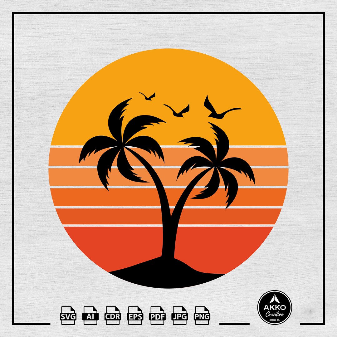 Retro Sunset Background Svg Png, Sunset Svg Png, Sunset Palm Tree Svg ...