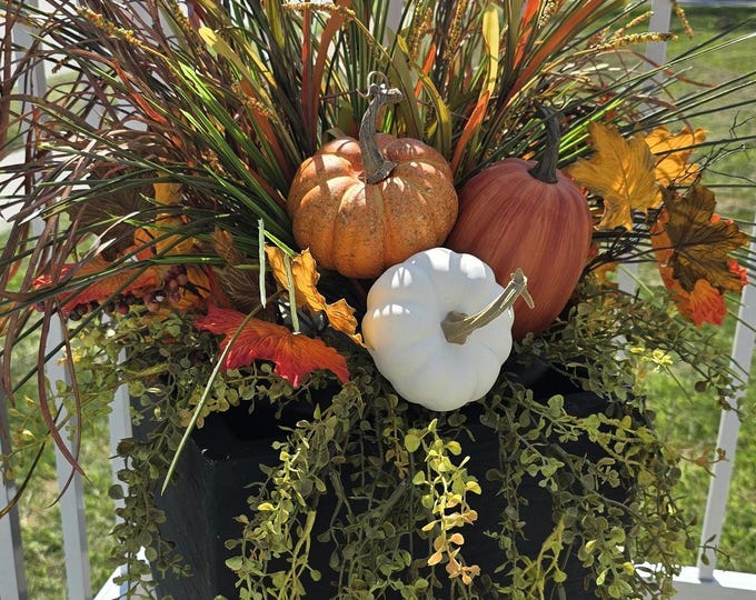 Fall Urn Filler, Faux Pumpkin & Leaf Porch Planter Arrangement, Urn ...