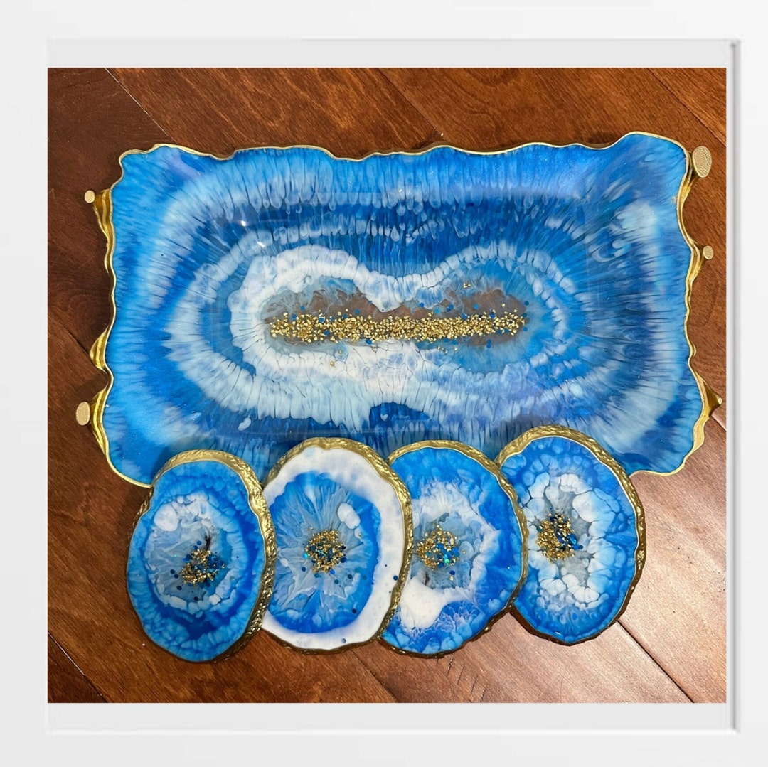 Handmade Epoxy Resin Kit Blue Set Stand Tray Elegant and Original Gift ...