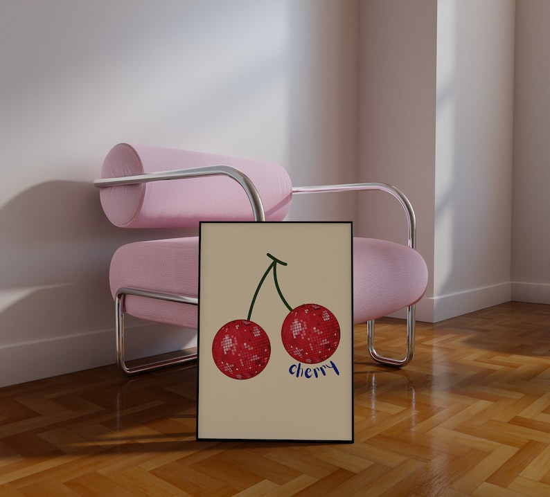 Cherry Poster, Retro Wall Art, Cherry Disco Ball Postder, Funky Wall ...