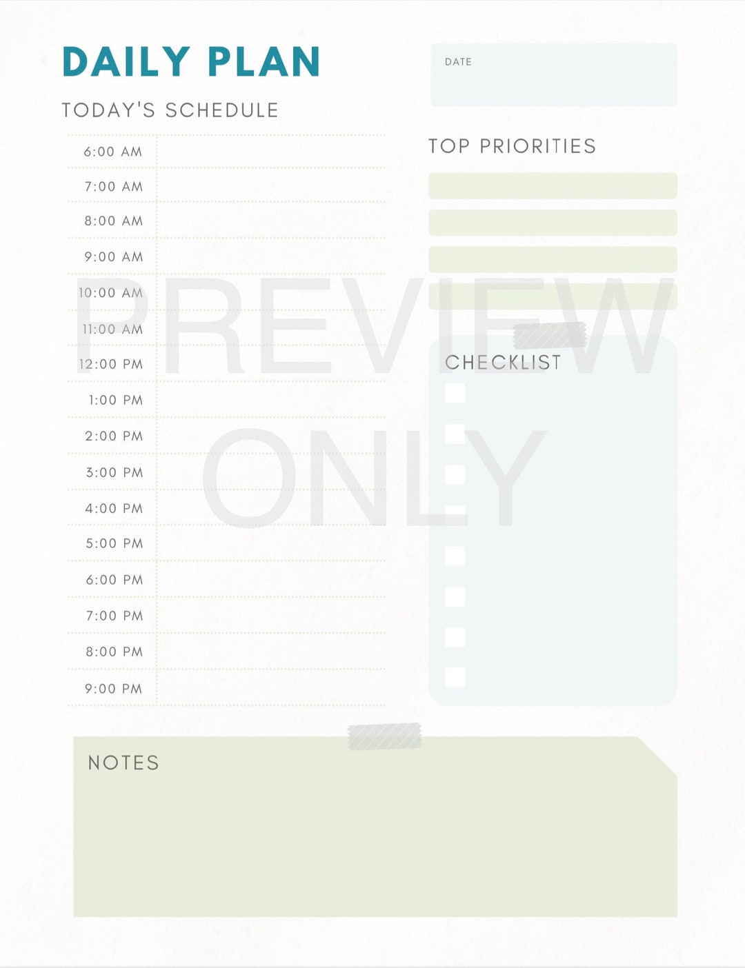 Printable Daily Planner - With Checklist, Notes, and Schedule - Etsy
