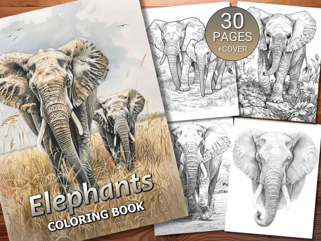 30 Elephants Coloring Page Book - Adults + Kids - Instant Download ...