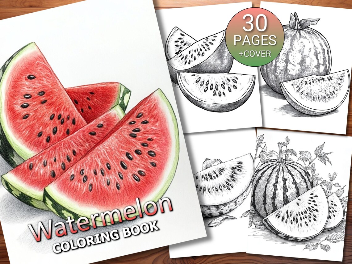30 Watermelon Coloring Page Book - Adults + Kids - Instant Download ...