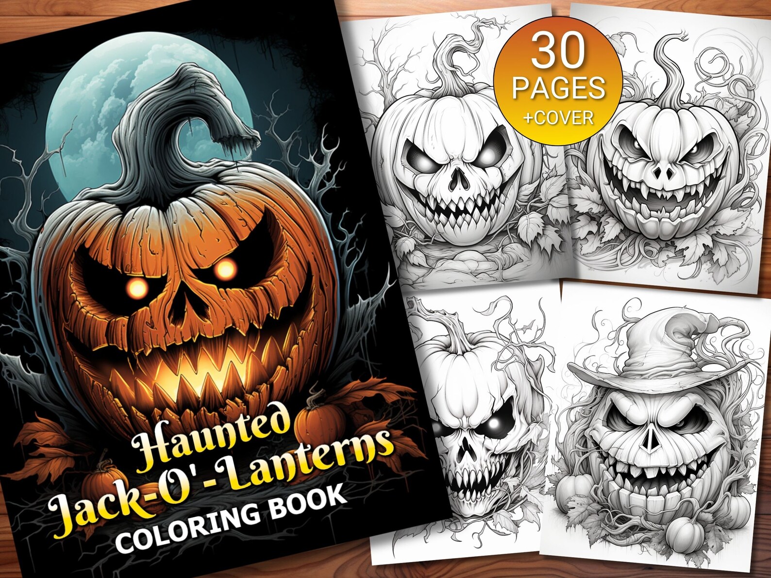30 Haunted Jack-o'-lanterns Coloring Page Book - Adults + Kids ...
