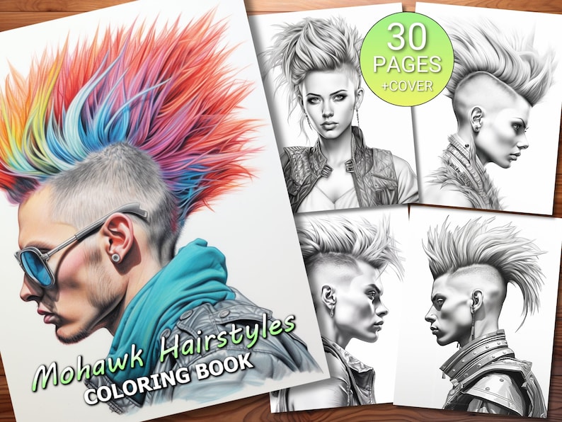 30 Mohawk Hairstyles Coloring Page Book Adults Kids Instant Download ...