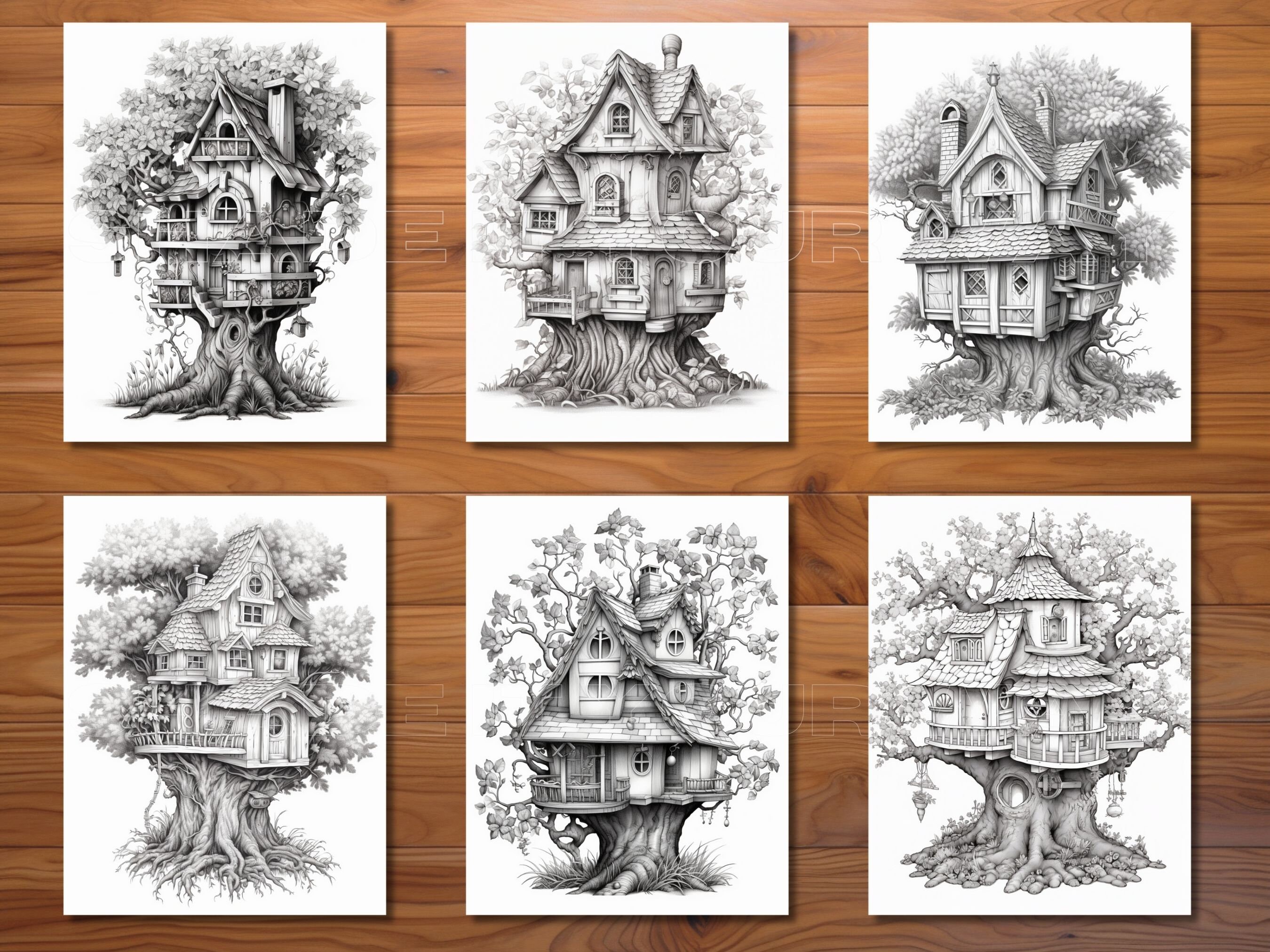 30 Enchanted Tree Houses Coloring Page Book - Adults + Kids - Instant ...