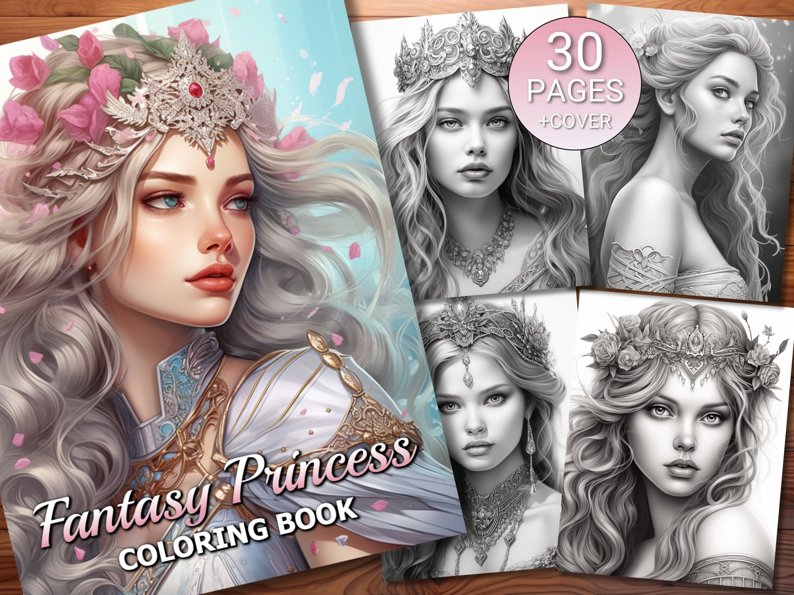 30 Fantasy Princess Coloring Page Book - Adults + Kids - Instant ...