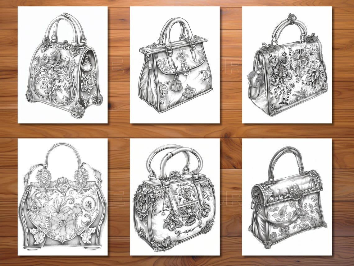 30 Vintage Handbags Coloring Page Book - Adults + Kids - Instant ...