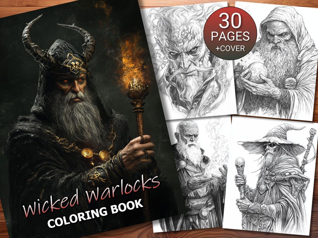 30 Wicked Warlocks Coloring Page Book - Adults + Kids - Instant ...
