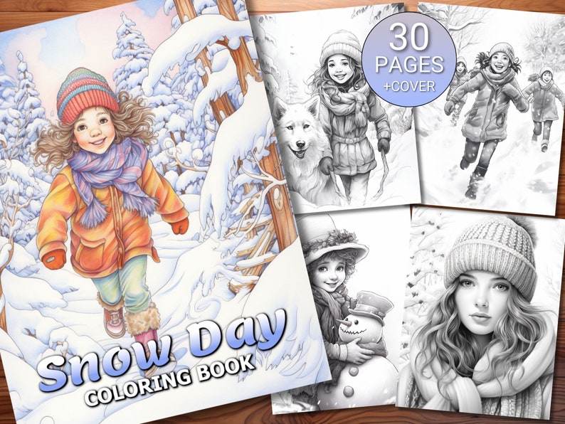 30 Snow Day Coloring Page Book Adults Kids Instant Download Grayscale ...