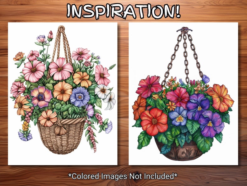 30 Hanging Flower Basket Coloring Page Book - Adults + Kids - Instant ...
