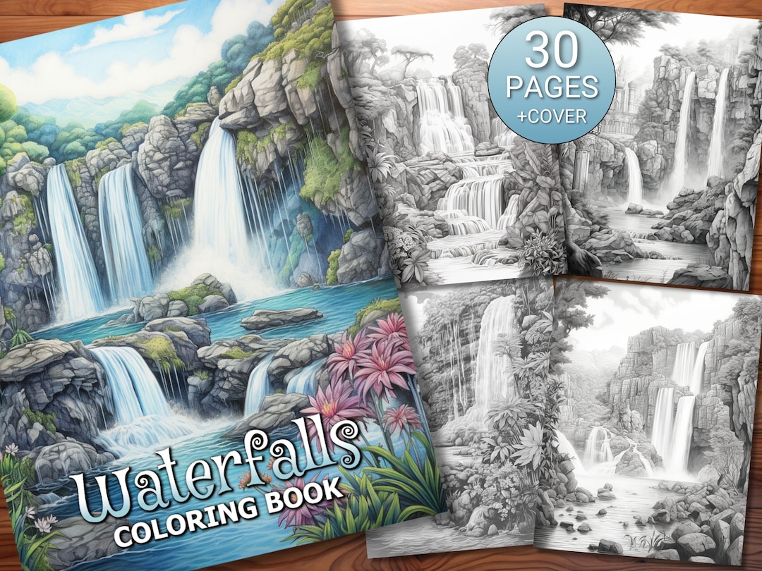 30 Waterfalls Coloring Page Book - Adults + Kids - Instant Download ...