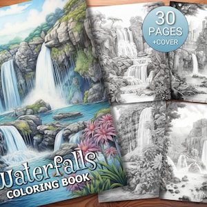30 Waterfalls Coloring Page Book - Adults + Kids - Instant Download ...