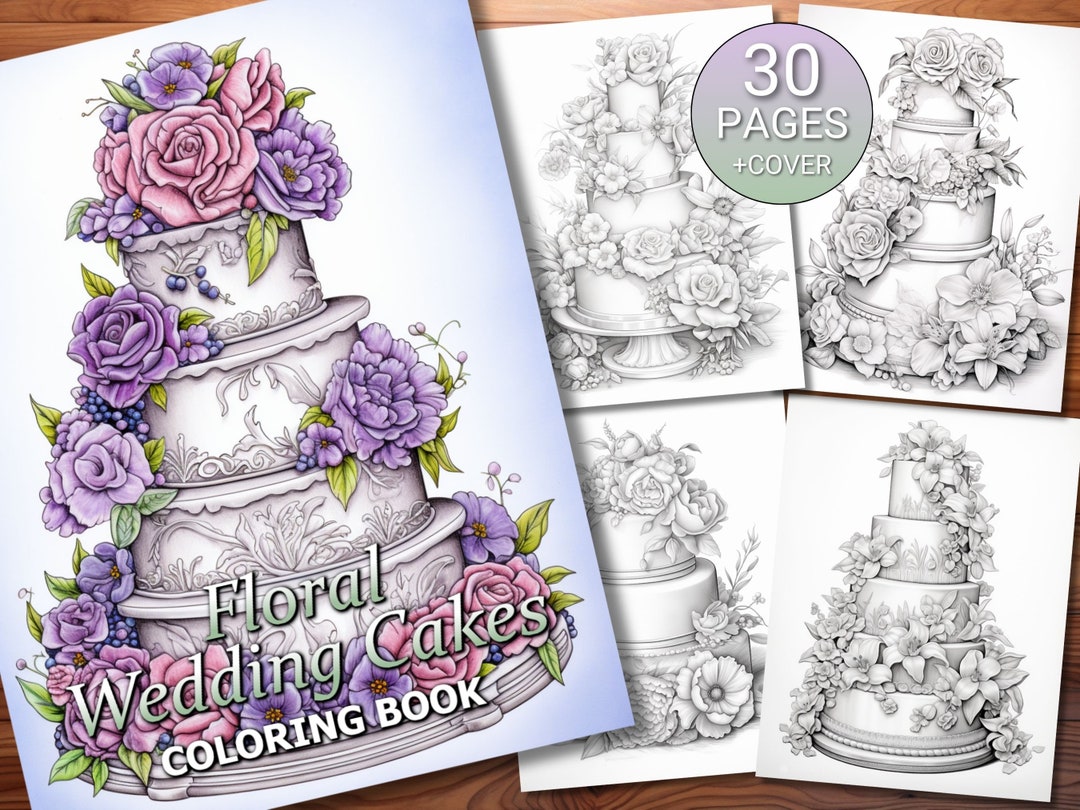 30 Floral Wedding Cakes Coloring Page Book - Adults + Kids - Instant ...