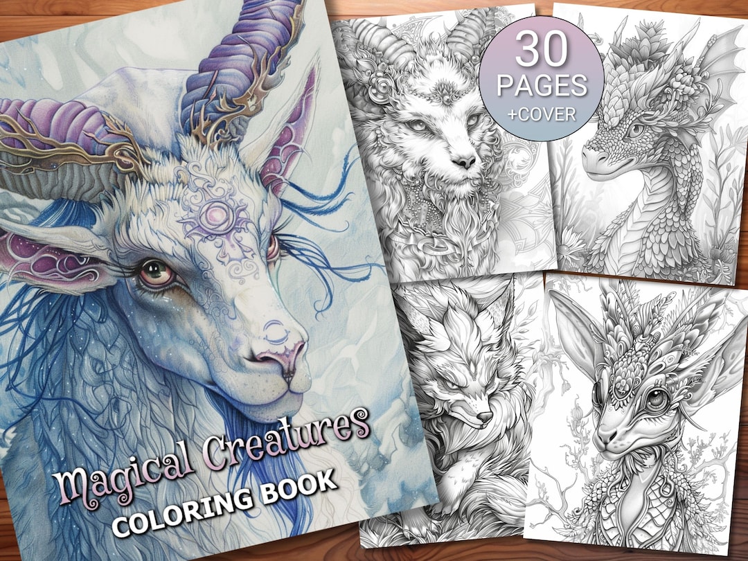 30 Magical Creatures Coloring Page Book - Adults + Kids - Instant ...