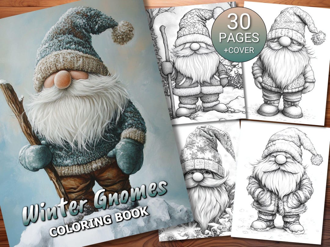 30 Winter Gnomes Coloring Page Book - Adults + Kids - Instant Download ...