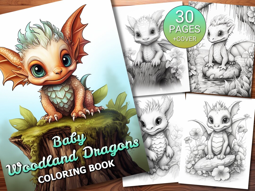 30 Baby Woodland Dragons Coloring Page Book - Adults + Kids - Instant ...