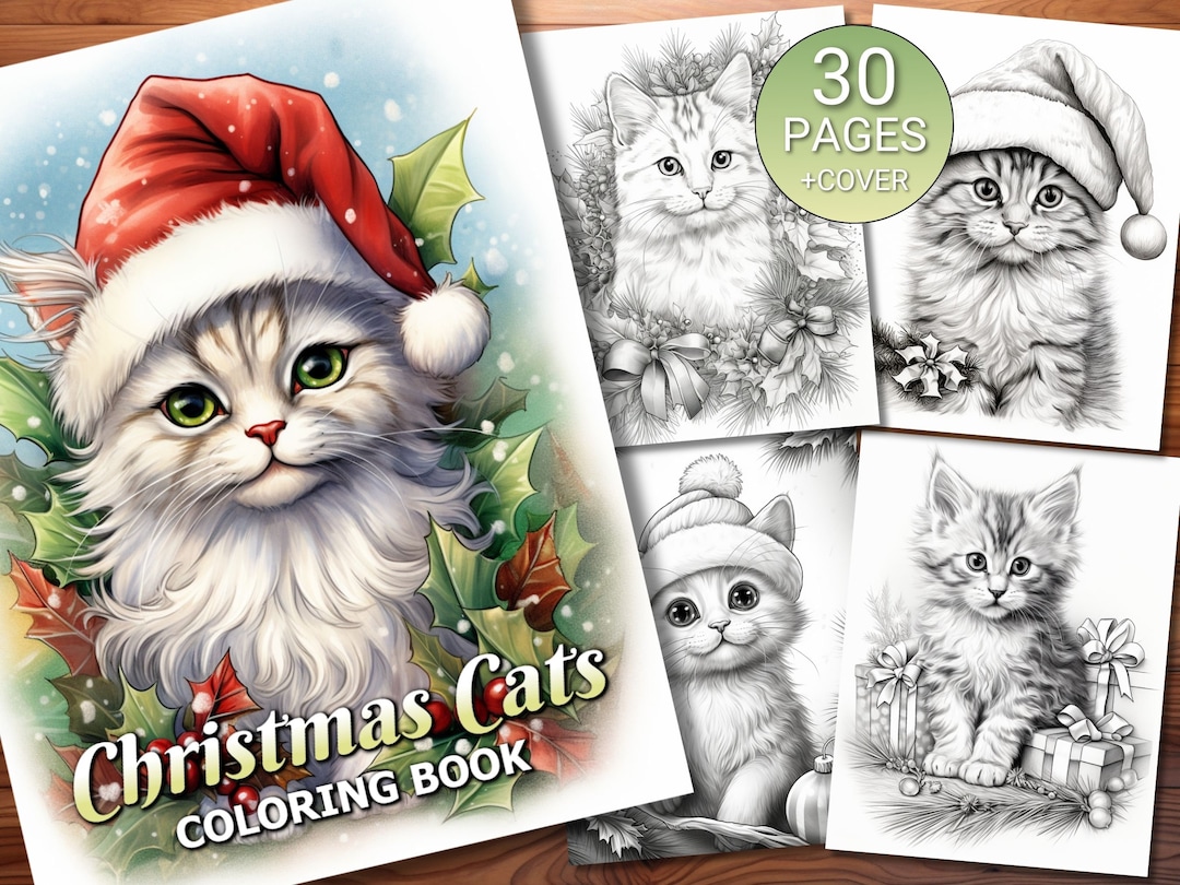 30 Christmas Cats Coloring Page Book - Adults + Kids - Instant Download ...