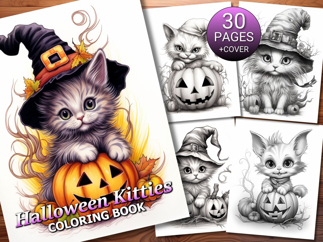 30 Halloween Kitties Coloring Page Book - Adults + Kids - Instant ...