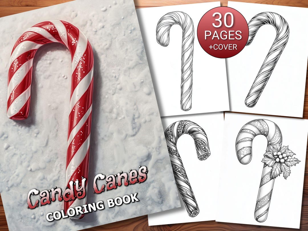 30 Candy Canes Coloring Page Book - Adults + Kids - Instant Download ...