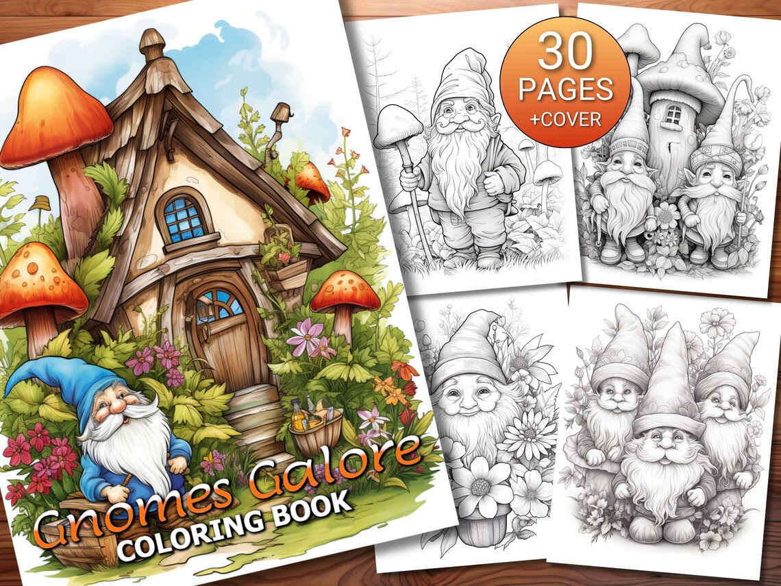 30 Gnomes Galore Coloring Page Book Adults Kids Instant Download ...