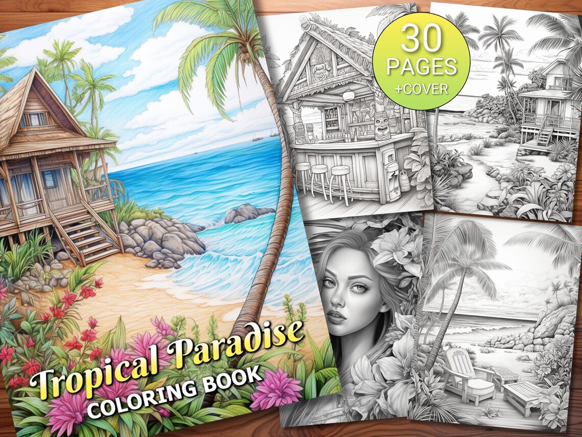 30 Tropical Paradise Coloring Page Book - Adults + Kids - Instant ...